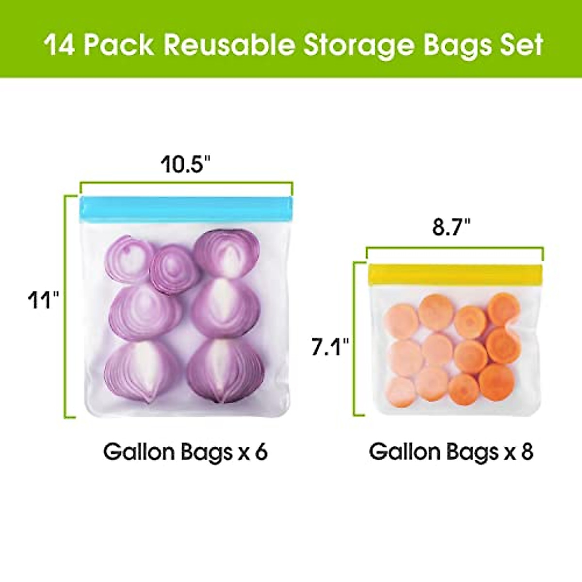 LFHHT Reusable Ziplock Bags Silicone Dishwasher Safe, 14 Pack Reusable Gallon Freezer Bags, Extra Thick Leakproof Reusable Food Storage Sandwich Bags for Meats, Fruits, Travel Items, Home Organization-6 Gallon+8 Sandwich