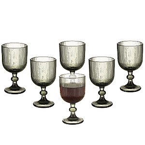 Vintage Wine Glasses Set of 6, 11 Ounces Colored Glass Water Goblets, Unique Embossed Pattern High Clear Stemmed Glassware Wedding Party Bar Glass Drinking Cups Vertical Line Grey