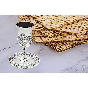 The Dreidel Company Tall Kiddush Cup With Leg Grape Design, Premium Quality Silver Plated Goblet, Shabbat and Havdalah Goblet, Judaica Shabbos and Holiday Gift (Grape-Design with Leg)