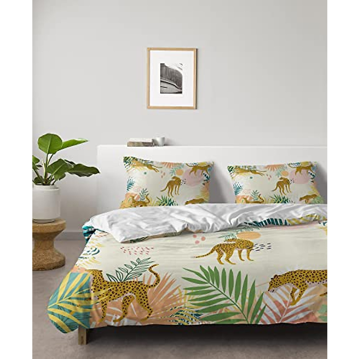 Leopard Watercolor Tropical Plant Duvet Cover Sets 4 Piece Queen Ultra Soft Bed Quilt Cover Set for Kids/Teens/Women/Men,Palm Tree Monstera Bedding Collection All Season Use