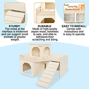 Wooden Guinea Pig Hideout House with Ramp, Large Guinea Pig Castle, Multi-Chamber Small Animal Habitat Decor, Cage Accessories for Hamster Guinea Pig Chinchilla Dwarf Rabbit Hedgehog Squirrel