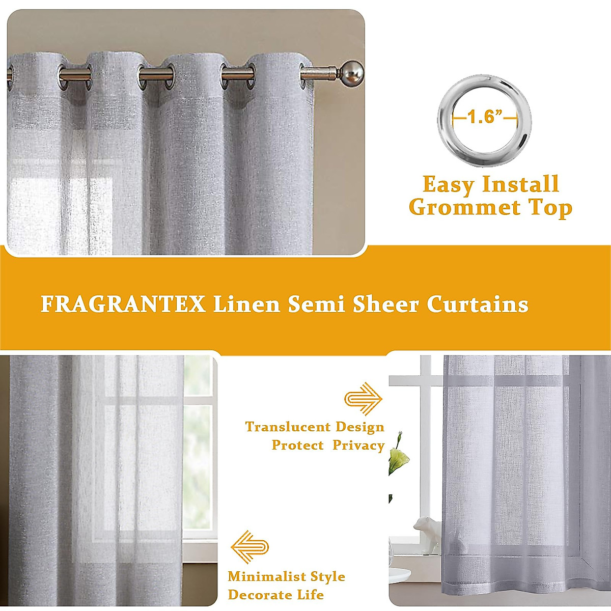 Fragrantex Semi-Sheer Grey Curtains Bedroom 95inch Long for Living Room Faux Linen Look Sliver Gray Curtain Window Treatment Set Grommet Curtain 2 Panels,40" Wx95 L