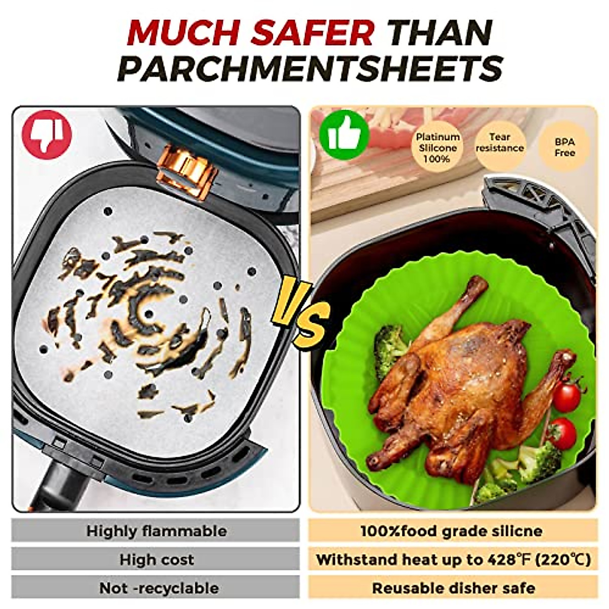 3Pcs Air Fryer Silicone Liners 8inch Air Fryer Silicone Pot Reusable Food Grade Silicone Air Fryer Baking Tray Basket Accessories Replacement of Flammable Disposable Parchment Paper Fit 3-7QT Airfryer