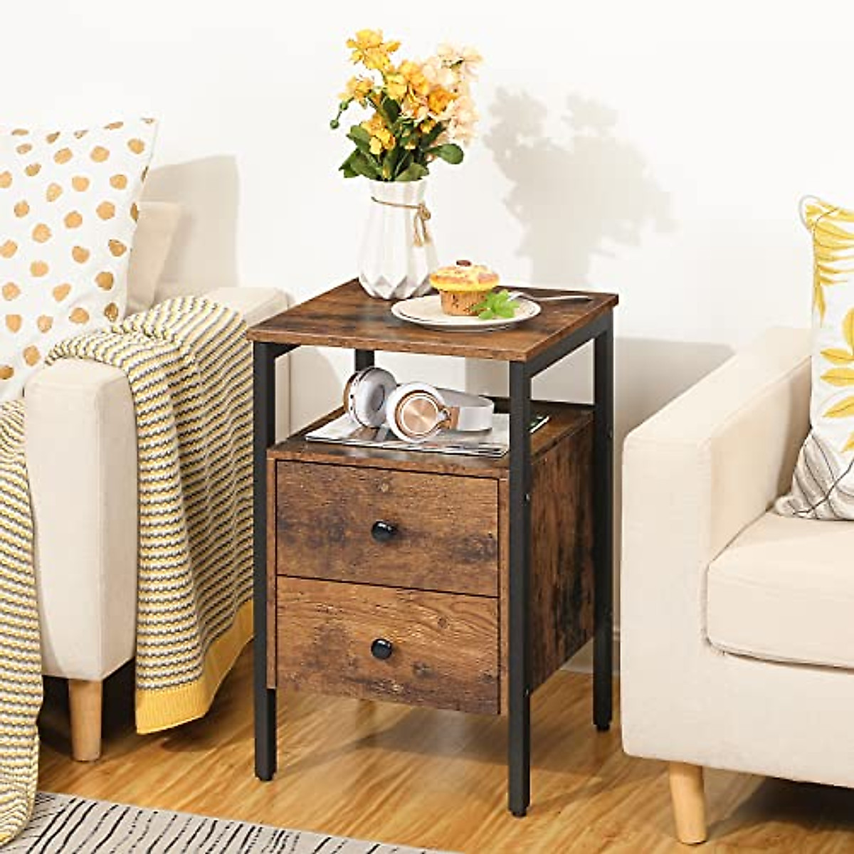 HOOBRO Nightstand, Bedside Table with 2 Drawers and Storage Shelves, Side End Table, Sofa Table for Living Room, Bedroom, Accent Furniture, Easy Assembly, Rustic Brown and Black BF43BZ01G2