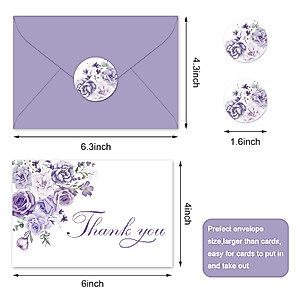 Whaline 24Pcs Lavender Floral Thank You Cards with Envelopes and Stickers Purple Floral Greeting Cards Elegant Flower Blank Note Cards for Party Supplies