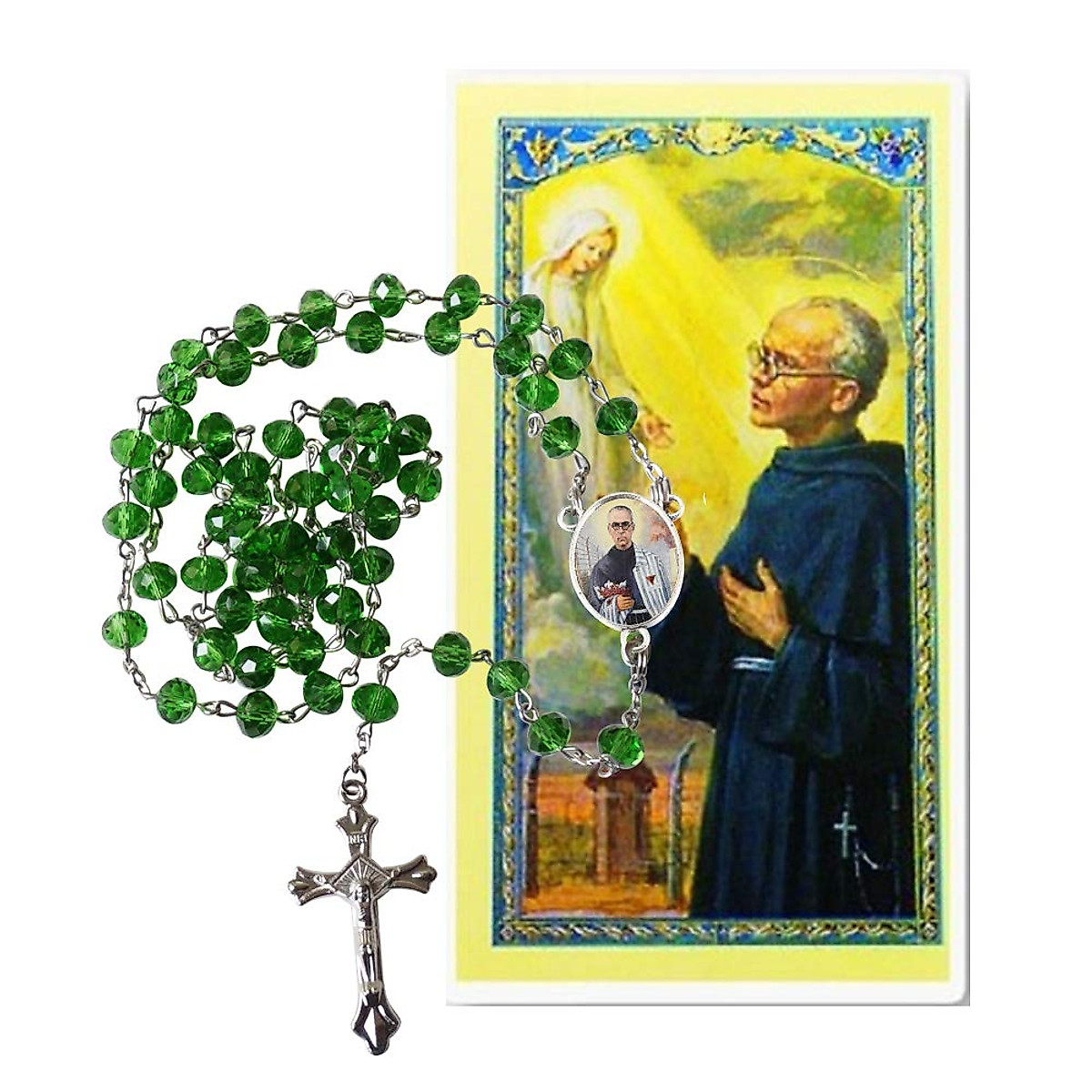 Saint Maximilian Kolbe Patron of Those with Addictions Green Quartz Cristal Faceted Rondelle 8mm Beads Rosary with Silver Plated Crucifix and Medal Centerpiece Includes a Prayer Card
