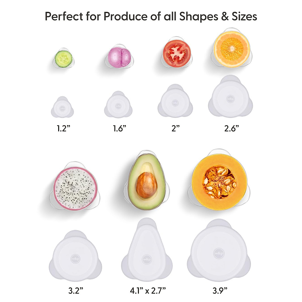 W&P Reusable Produce Savers, Set of 7, Covers Fruits & Vegetables To Keep Fresh, Dishwasher Safe, Avocado & Onion Saver