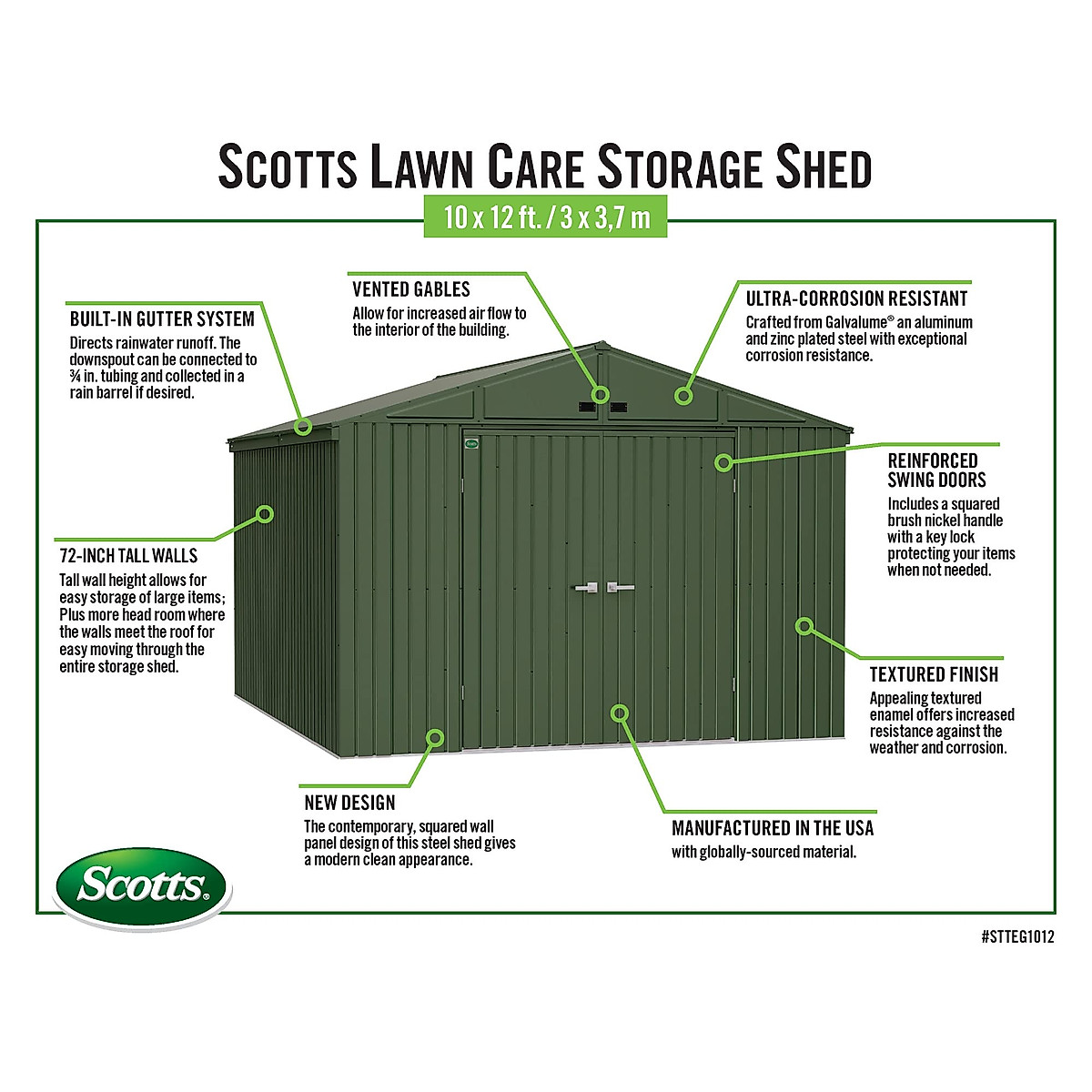 Scotts 10' x 12' Outdoor Lockable Water-Resistant Steel Storage Shed Building with Tool Hanger and Gable Roof, Green