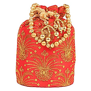 Indtresor beaded handcrafted embroidered evening purse drawstring handbag vintage party wedding gift for women. Red Gold