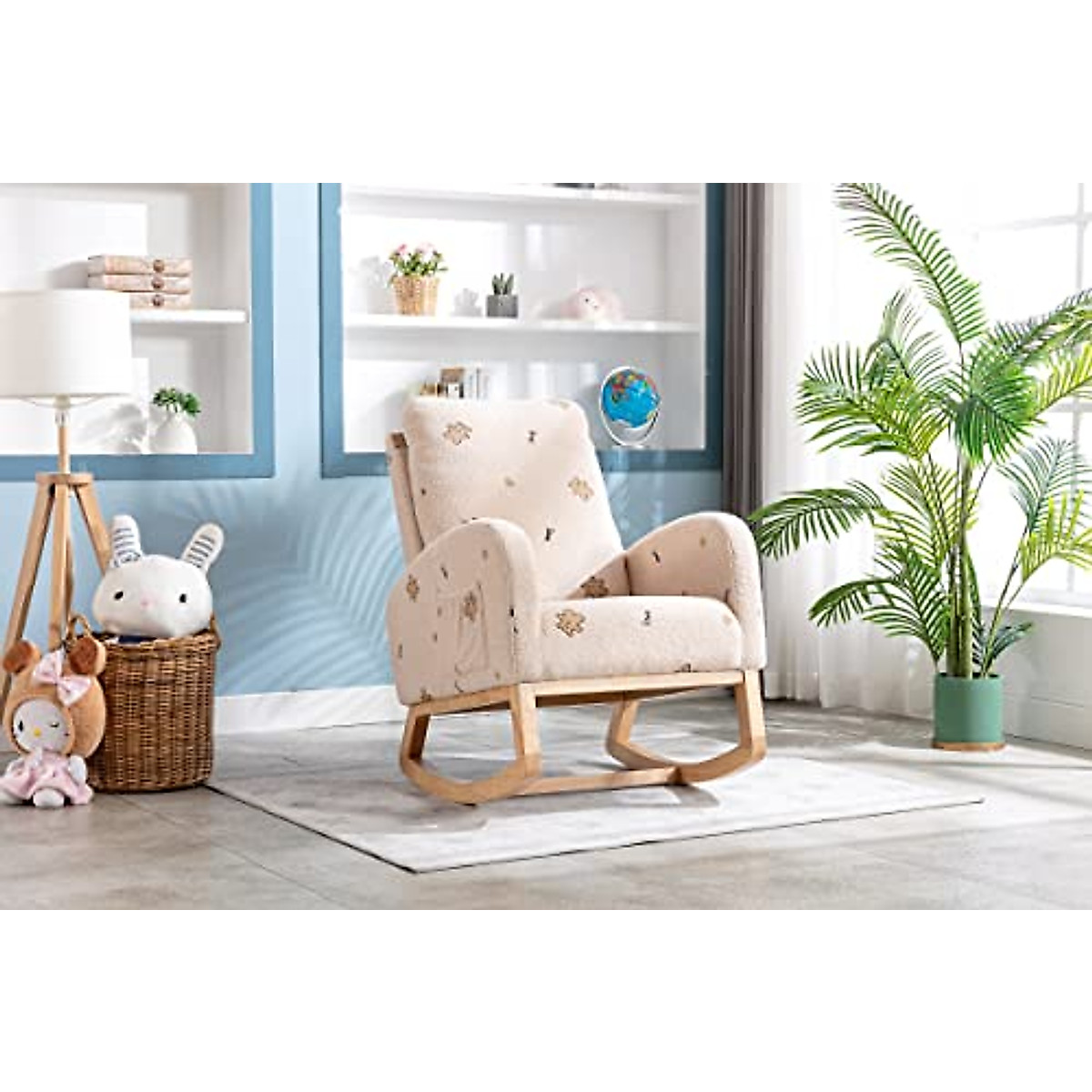 Setawix Rocking Chair for Nursery, Midcentury Modern Accent Rocker Armchair with Side Pocket, Upholstered High Back Wooden Rocking Chair for Living Room Baby Room Bedroom（Beige Bear）