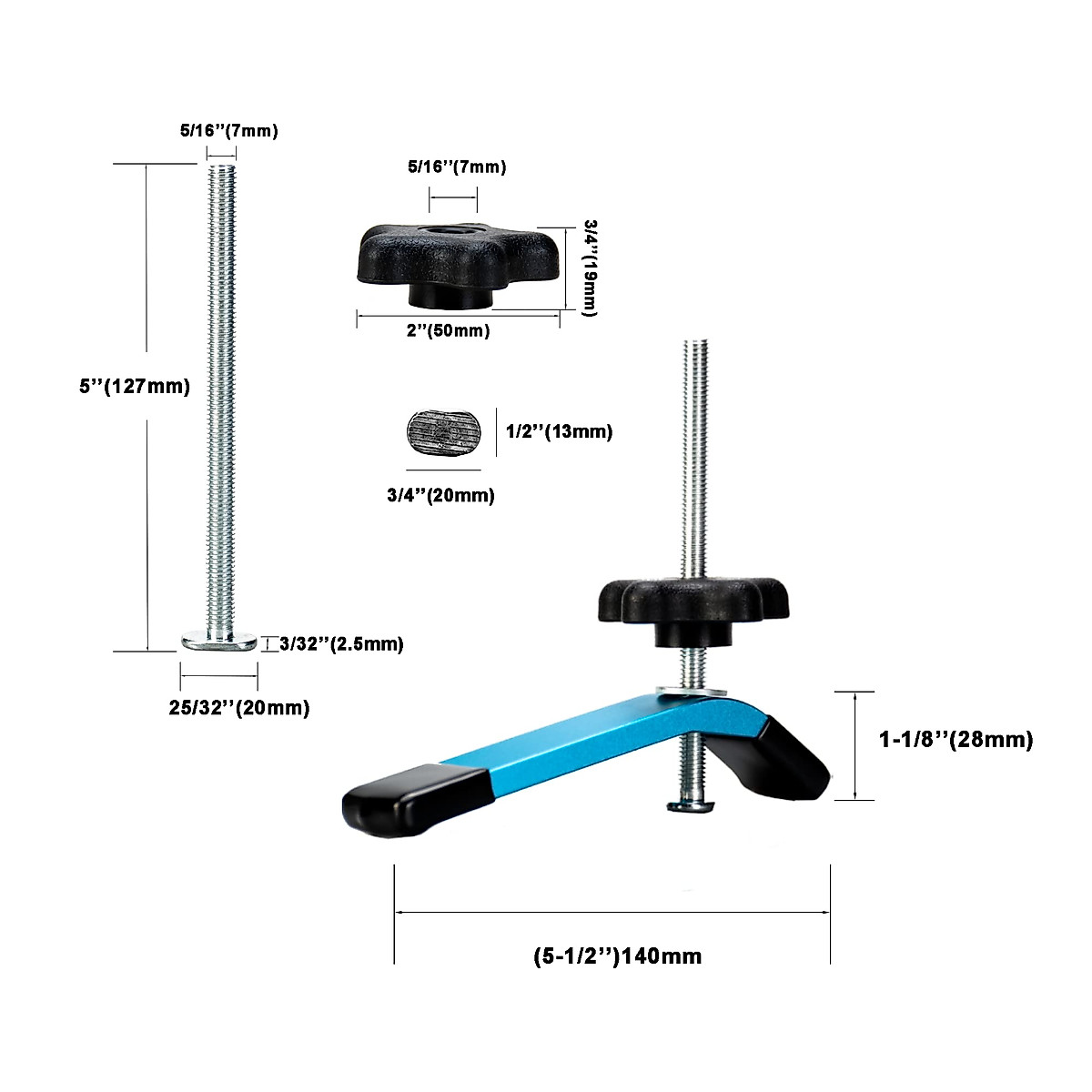 for Woodworking T-Track Clamps: ZokMok 4pcs Hold Down Clamps for Woodworking, 5 inches Length T Rail Track Slot Bolts Washeres and 5-star Nuts (T TRACK CLAMPS, Light Blue)