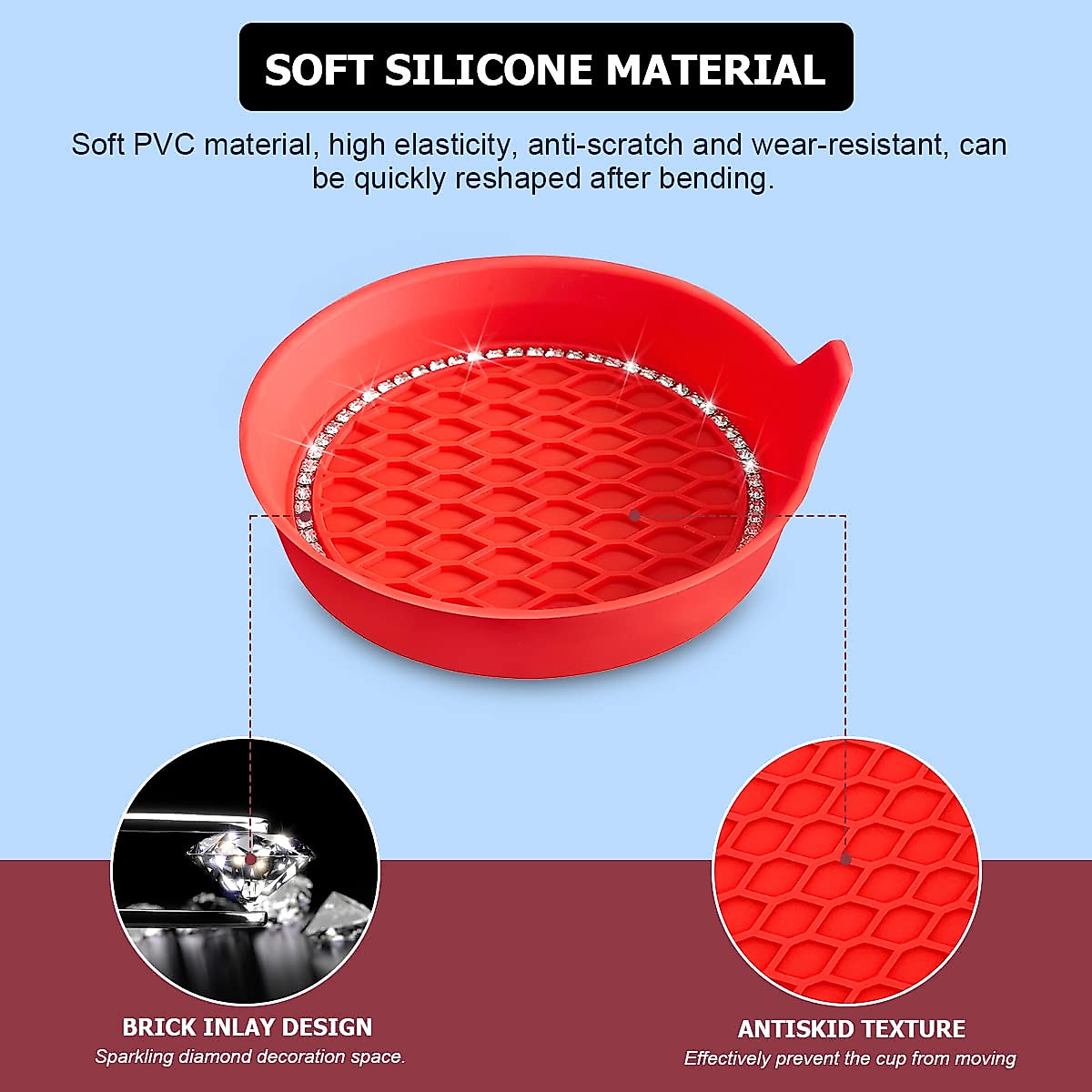 XINLIYA 4PCS Bling Car Cup Holder Coaster, Universal Crystal Rhinestone Anti-Slip Cup Holder Insert Coaster, Waterproof Round Shape Auto Drink Mat, Vehicle Interior Accessories for SUV Truck (Red)