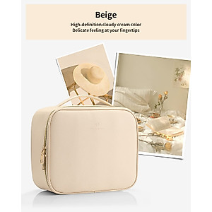 Vlando Travel Makeup Bag, Makeup Bag Organizer,Gift Ideas for Women Girls,Makeup Storgae Bag with Dividers and Handle,Gifts for Christmas,Birthday,Wedding Beige