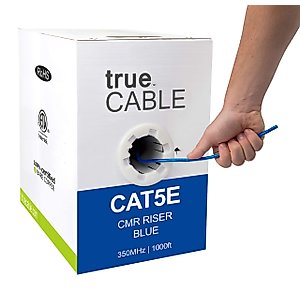 trueCABLE Cat5e Riser (CMR), 1000ft, Blue, 24AWG 4 Pair Solid Bare Copper, 350MHz, PoE++ (4PPoE), ETL Listed, Unshielded Twisted Pair (UTP), Bulk Ethernet Cable