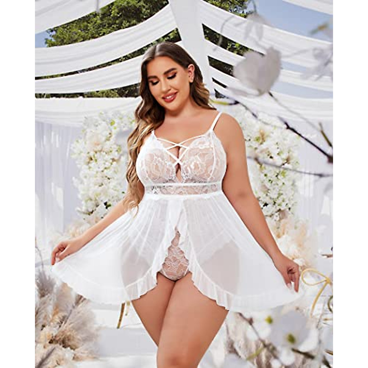 Avidlove Plus Size Lingerie Women Lace Mesh Babydoll Sexy Chemise Curvy Women V Neck Ruffle Nighty(White,XXL)