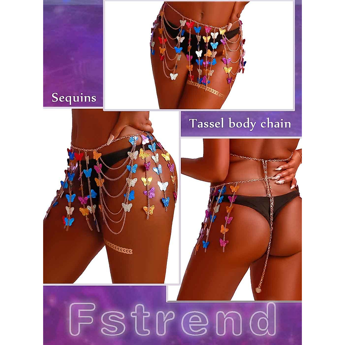 Fstrend Tassel Body Chains Sequin Butterfly Dance Skirt Silver Fringe Belly Waist Hip Chain Rave Accessories for Women