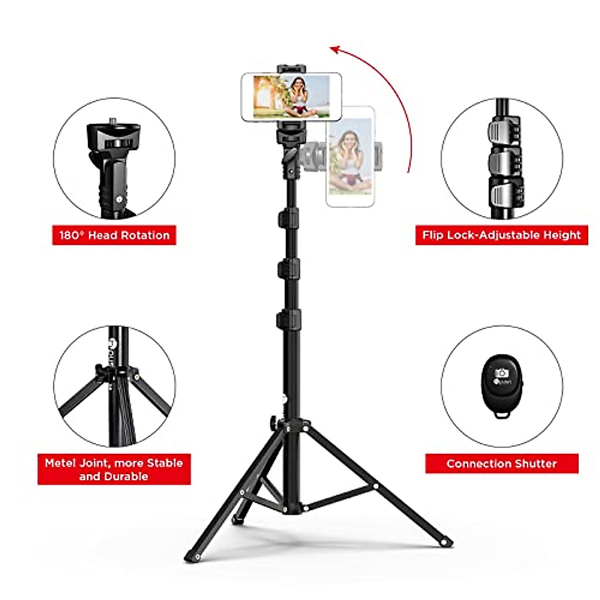 Hpusn Phone Tripod Stand: 48 inches Extendable Cell Phone Tripod, Selfie Stick for iPhone & Android Phone, Heavy Duty Aluminum & Lightweight