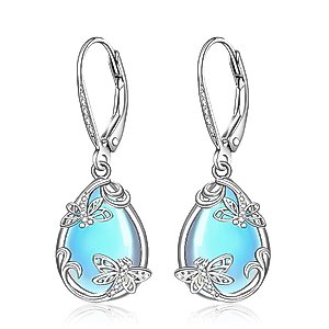 Dragonfly Moonstone Earrings for Women Filigree Earrings Teardrop Lever Back S925 Sterling Silver Moonstone Jewelry