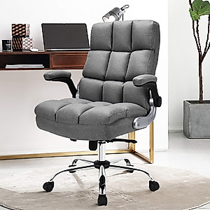 Giantex Executive Office Chair, Big and Tall Ergonomic Computer Chair, Adjustable Tilt Angle and Flip-up Armrest Linen Fabric Upholstered Chair with Thick Padding, High Back Managerial Chair (Grey)
