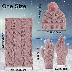 Double Couple 3pcs Winter Beanie Hat Scarf and Touch Screen Gloves Set for Women Knit Hat with Faux Fur Ball Scarves Glove Pink