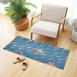 Fluffy Floor Carpet-Turtle Jellyfish Seahorsefish Starfish,39x20in Front Door Mat Indoor Machine Washable Carpet,Aesthetic Rug