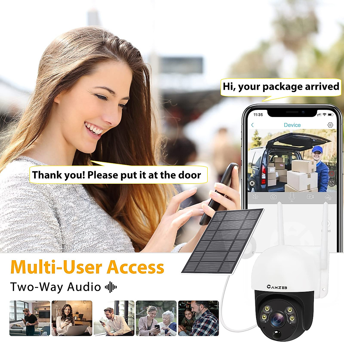 Camzeb Solar Security Camera Wireless Outdoor - 2K Solar Camera for Home Security 350° PTZ 1080P 2.4G WiFi Security Camera - PIR Motion Detection Full Color Night Vision 2-Way Audio Cloud/SD IP66