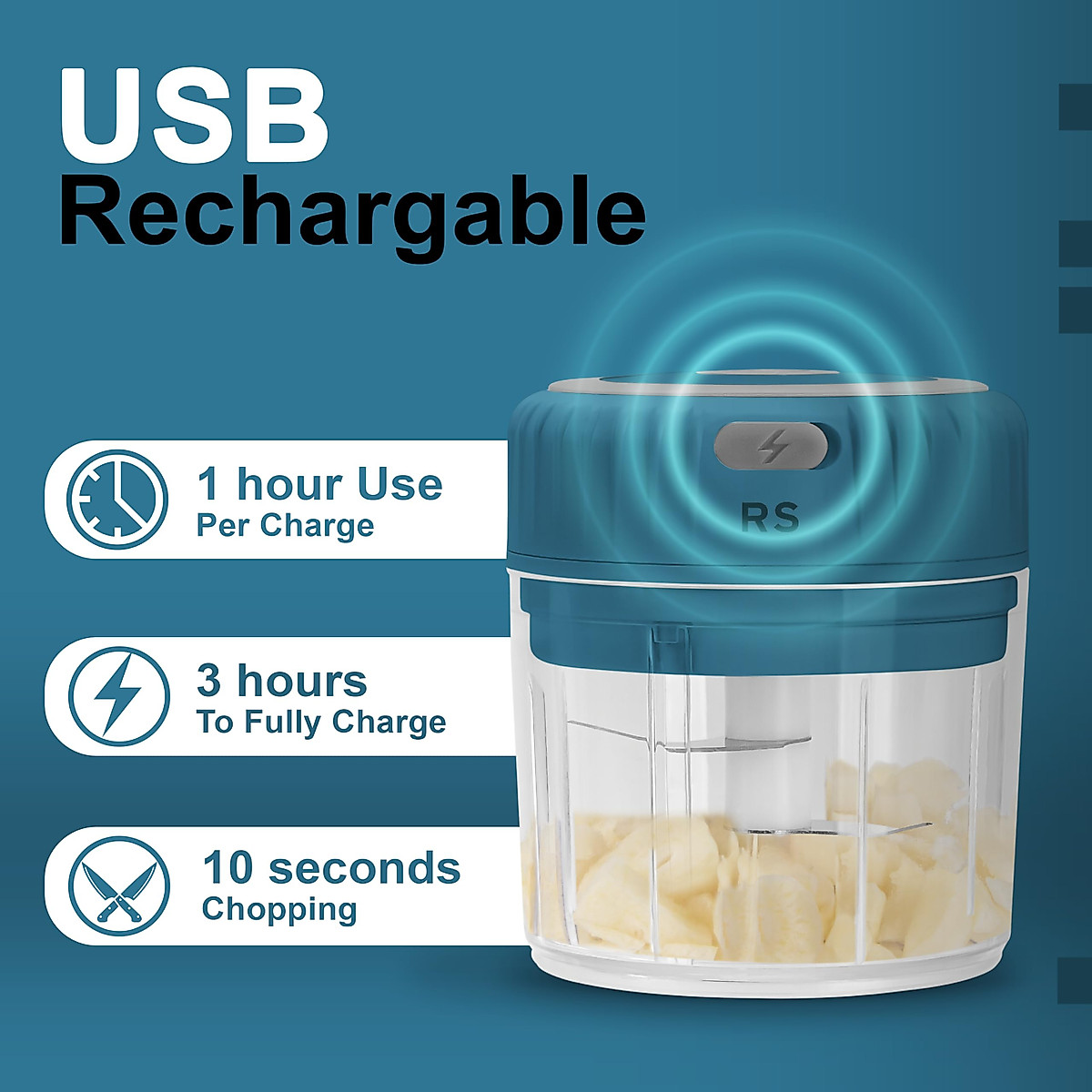 Real Simple Electric Mini Food Processor | Great for Garlic, Onion, Ginger, Jalapeño, Mini Chopper for Quick Food Prep Station | Portable USB Charging, 250 ML Food Container | Blue