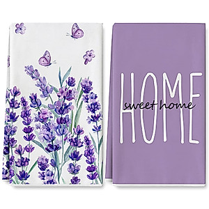 AnyDesign Lavender Kitchen Towel Flower Purple Flower Butterfly Dish Towel 18 x 28 Inch Home Sweet Home Hand Drying Tea Towel for Seasonal Spring Cooking Baking Cleaning Supplies, 2 Pack