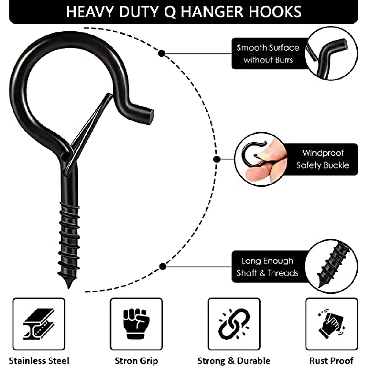 Etoolia 24 Pcs Q Hooks for Outdoor String Lights with Safety Buckle, Christmas Light Hooks and Ceiling Hooks for Hanging Plants, Screw Hooks for Hanging Wind Chimes, Patio Lights & Party Decors