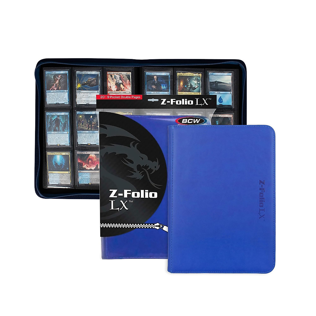 BCW Z-Folio 9-Pocket LX Album - Blue | Secure Zipper Card Organizer | Premium Leatherette Card Collection Binder | Trading Card Binder for Pokemon, MTG, Sport Cards and More