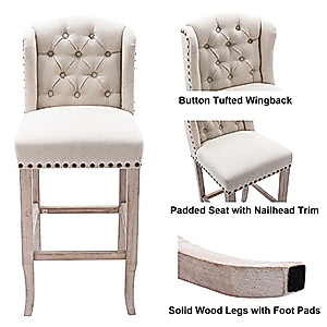 DUOMAY Classic Tufted 30 Inch Bar Stools Set of 2, Linen Upholstered Counter Chairs with Back, Armless Barstools Breakfast Stools W/Solid Wood Legs for Kitchen Island Lounge Pub Bar, Beige