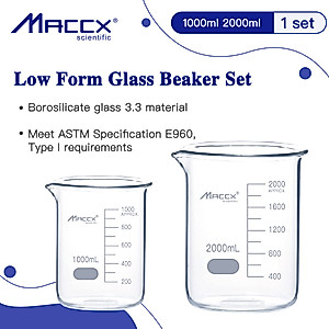 Maccx Sturdy Glass Beakers, 2 Sizes of 1000ml 2000ml,3.3 Borosilicate Griffin Low Form with Printed Graduation, BKLS06-002