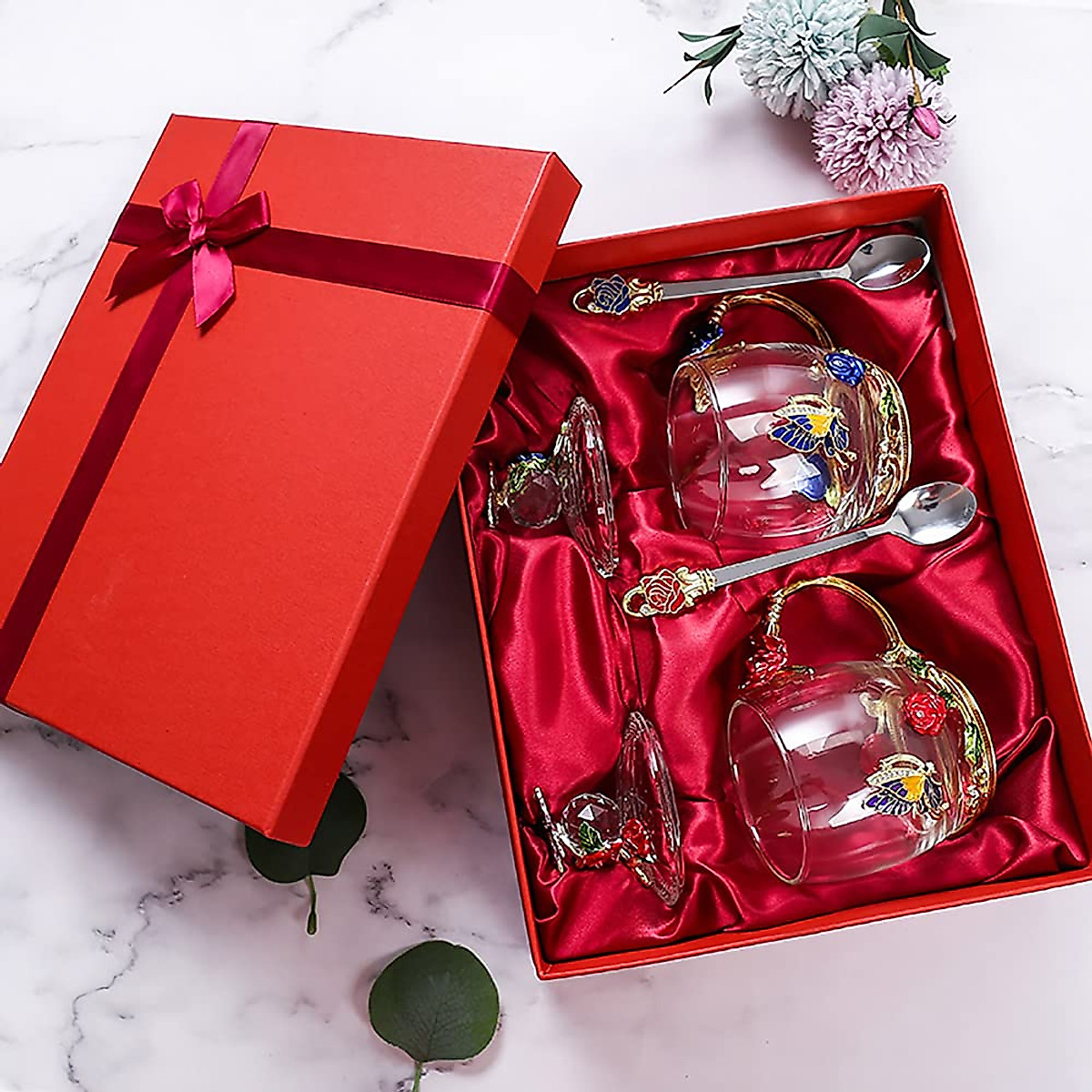 Guon-Wuvl 2 Pack Flower Teacup Transparent Glass Teacup, (With Spoon + Lid), Fancy Tea Cups, Flower Tea Cup,Tea Cup Gift, Tea Sets for Women,Gifts for Women (E)