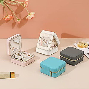 Emibele Travel Jewelry Box with Mirror, PU Leather Small Travel Jewelry Case, Travel Jewelry Organizer for Women Girls, Small Jewelry Travel Case for Rings, Earrings, Necklaces, Bracelet, White