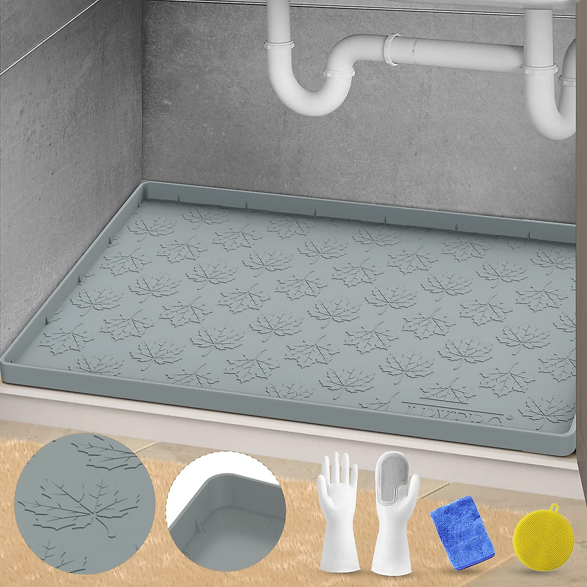 LPYFRG Under Sink Mats for Kitchen Waterproof, 34" X 22" Under Sink Liner, Under Sink Tray with Clean Brush, Kitchen and Bathroom Cabinet Flexible Silicone Sink Mat for Drips Leaks Spills (Grey)