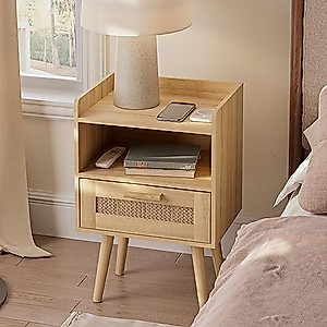 Masupu Night Stand,Bedside Table with PE Rattan Decor Drawer,End Table with Solid Wood Legs, Rattan Furniture,Side Table with Drawer Open Shelf,Rattan Nightstand for Bedroom,Living Room