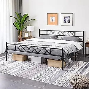 Yaheetech King Size Metal Bed Platform with Headboard and Footboard/Mattress Foundation/Under Bed Storage Black