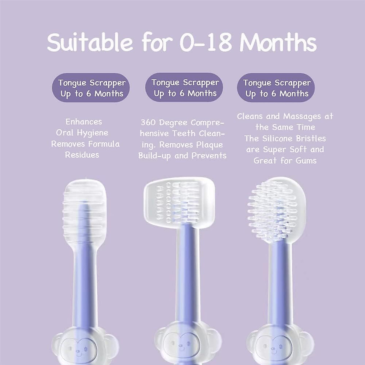 PandaEar 3 Pack Silicone Toddler Toothbrushes 0 to 18 Months, Baby Tongue Cleaner + U-Shaped ToothScrubber + First Toothbrush Teething, Gum Oral Cleaner