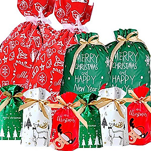 Funnlot Christmas Drawstring Gift Bags 32PCS in 7 Styles Christmas Wrapping Bags Xmas Treats Bags Christmas Party Favor Pouch Goody Sweet Treat Candy Bags with Ribbon Ties Christmas Gift Bags Drawstring