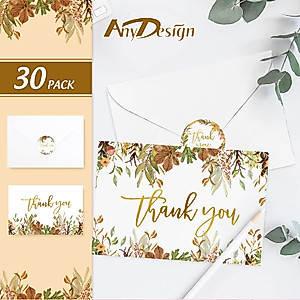 AnyDesign 30 Pack Fall Gold Foil Thank You Cards Bulk Watercolor Maple Leaves Pumpkin Greeting Cards with Envelopes Stickers Blank Note Cards for Autumn Thanksgiving Baby Shower
