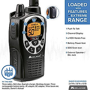 Midland 50 Channel GMRS Two-Way Radio - Long Range Walkie Talkie with 142 Privacy Codes, SOS Siren, and NOAA Weather Alerts and Weather Scan (Black/Silver, 3-Pack)