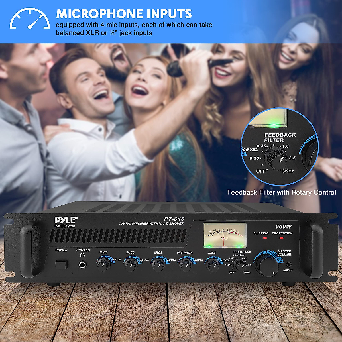 PyleHome 5-Channel Home Audio Power Amplifier - Mixer w/ 70V Output - 600 Watt Rack Mount, Headphone, Mic Talkover for PA System Great for Commercial Entertainment Use -Pyle PT610