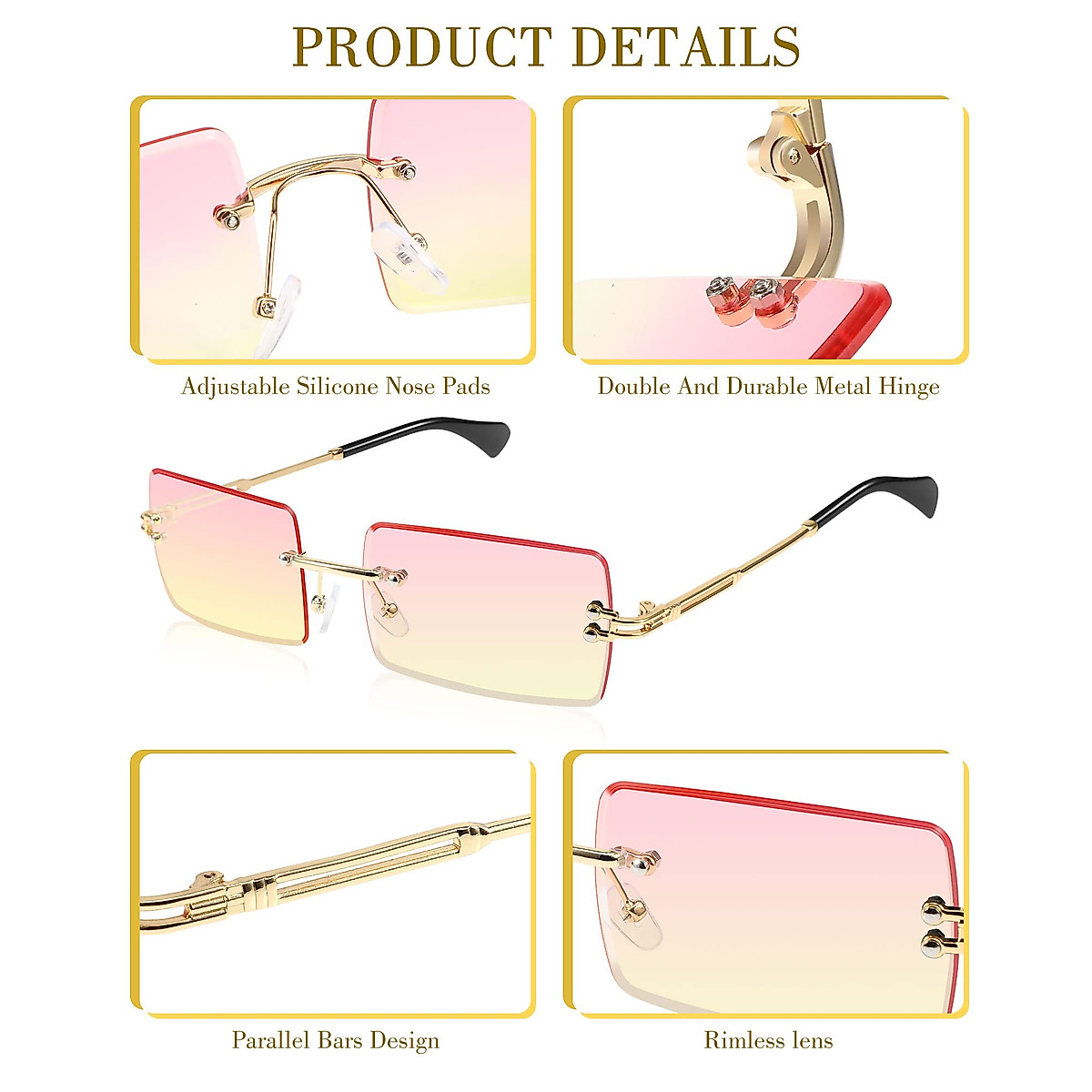 16 Pairs Rimless Rectangle Sunglasses Tinted Frameless Square Glasses Vintage Rimless Eyewear Transparent Candy Color Unisex Glasses for Men Women
