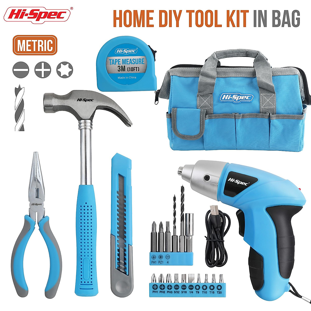 Hi-Spec 21-Piec Blue Tool Set with 3.6V USB Electric Power Screwdriver,Tool Kit for Home, DIY Essential Hand Tool Set Kit