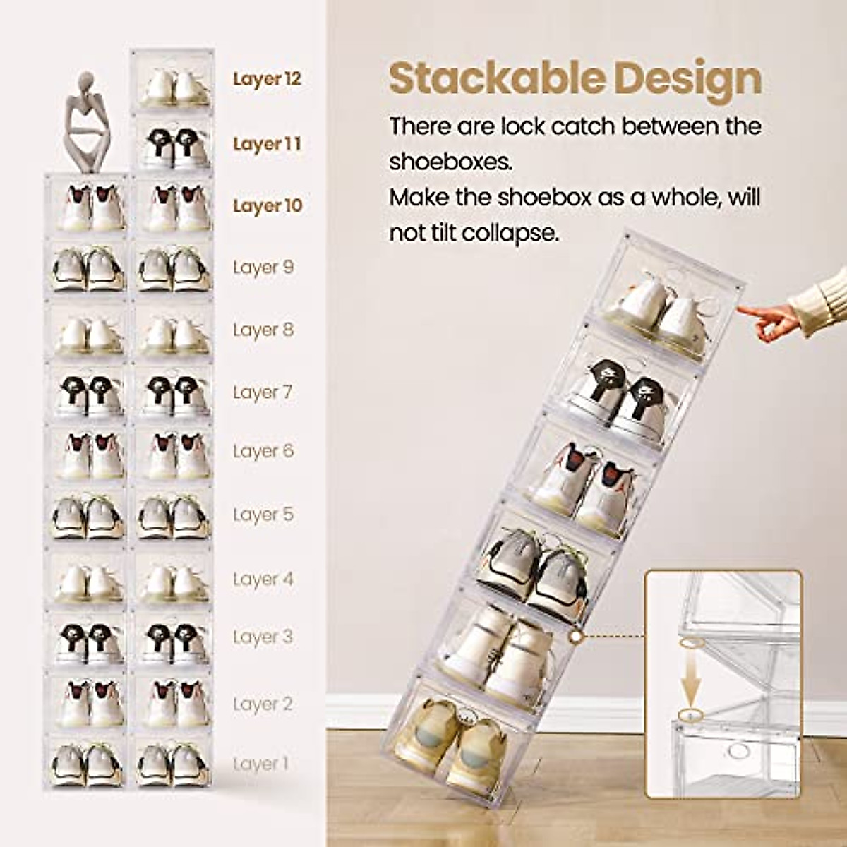 SOGOBOX Shoe Storage Boxes,Set of 8,Clear Plastic Stackable Shoe Organizer for Closet,Space Saving Shoe Containers For Sneaker Display, Fit up to US Size 12(13.8”x 9.84”x 7.1”)