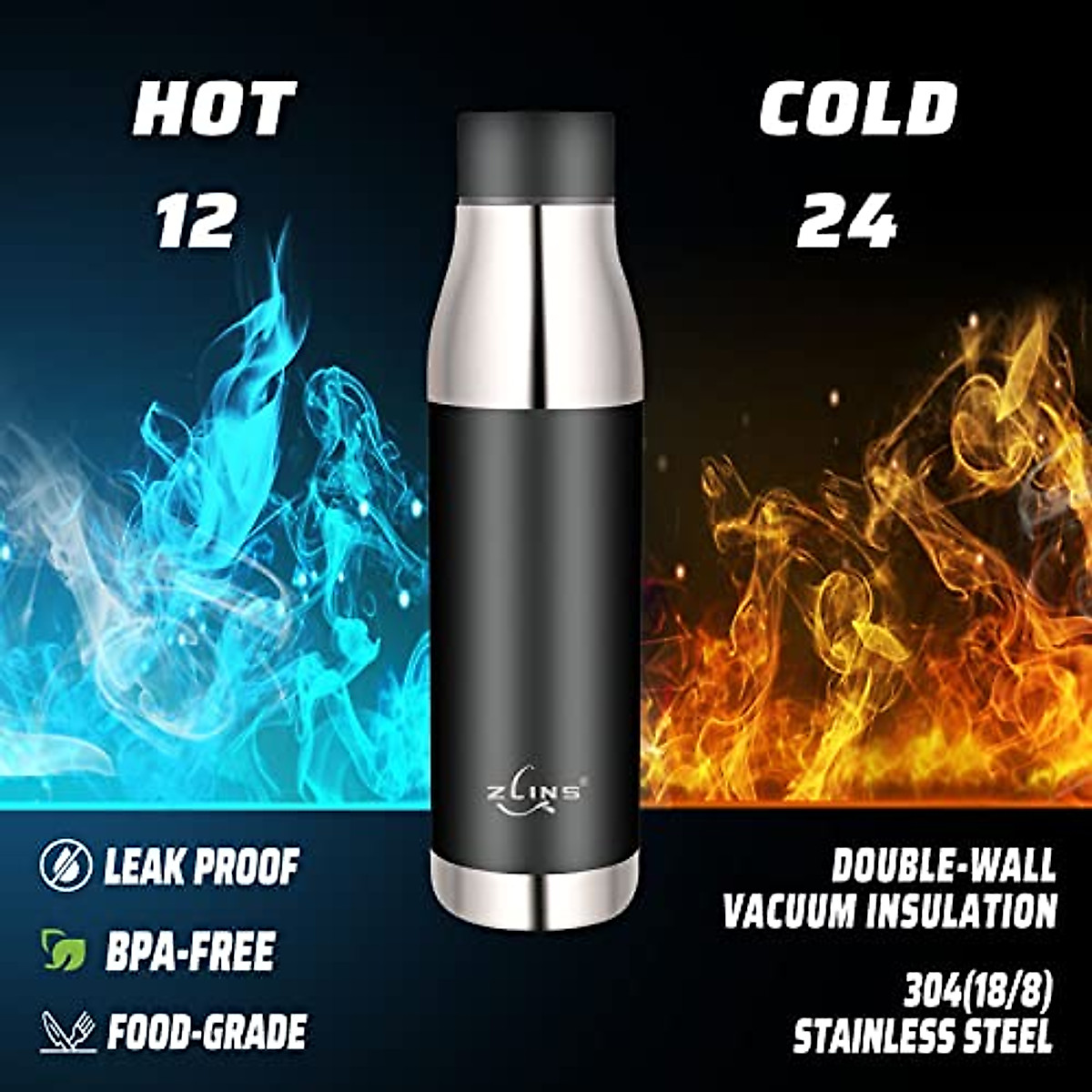 ZLINS Stainless Steel Vacuum Insulated 22oz Water Bottle Leak-Proof - Reusable Double Walled Metal Thermos - Sports Flask Great for Travel, Hiking, Camping (Black)