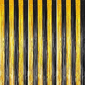 Merear Backdrop for Party Decorations, 3 Pack Black and Gold Foil Fringe Curtains Party Decor 8.2 * 3.3 FT Tinsel Streamers Birthday Party Decorations Photo Fringe Backdrop for Party, Graduation
