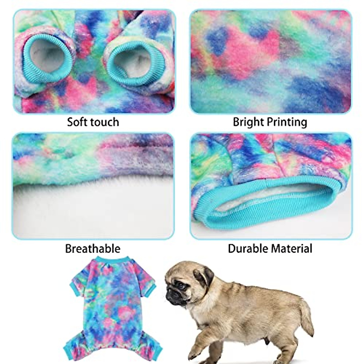 Dog Pajamas Soft Onesies for Small Dogs Boys Girls Tie Dye Winter Pjs Velvet Pet Clothes Puppy Jumpsuits, Pink Small