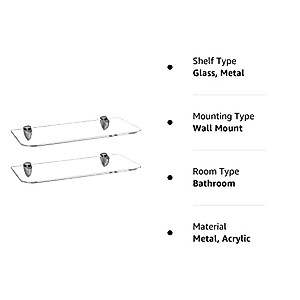 Jusalpha 2 Pack of Acrylic Glass Wall Mounted Floating Shelves with Metal Adjustable Shelf Bracket Wall Mount, 03 (12'' X 6'')