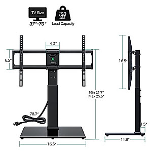 Greenstell TV Stand with Power Outlet, Universal TV Mount Stand for 37-70 inch TVs, Height Adjustable, Swivel Table Top TV Stand with Tempered Glass Base, Holds up to 100 LBs, Max VESA 600x400mm